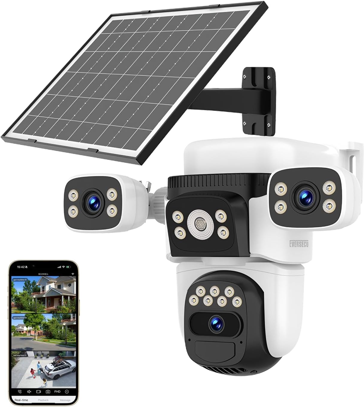 EVERSECU Solar Wireless Triple Lens WiFi PTZ Security Camera, Three ...